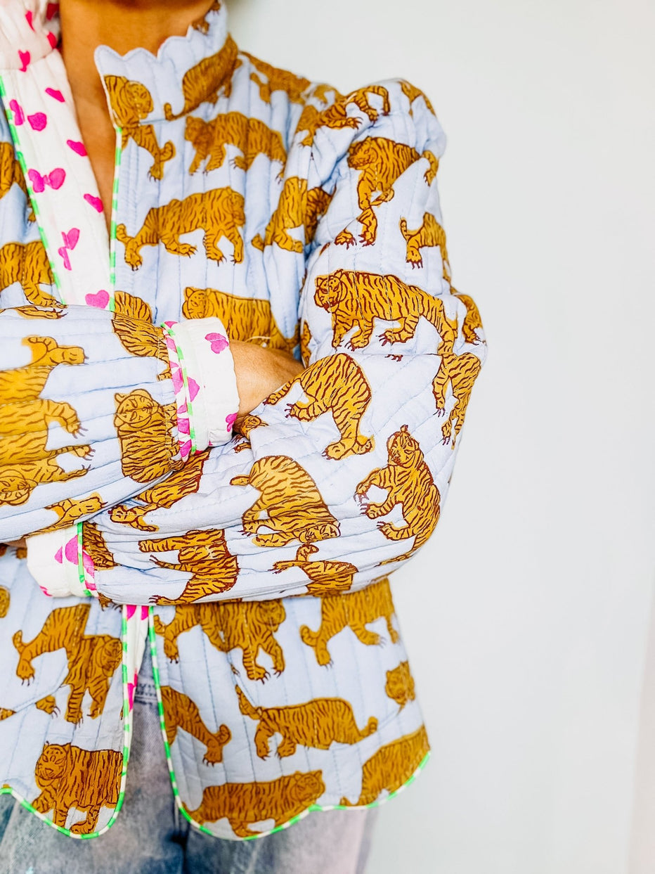 Quilted Block Print Jacket | Blue Tiger – Bombaby