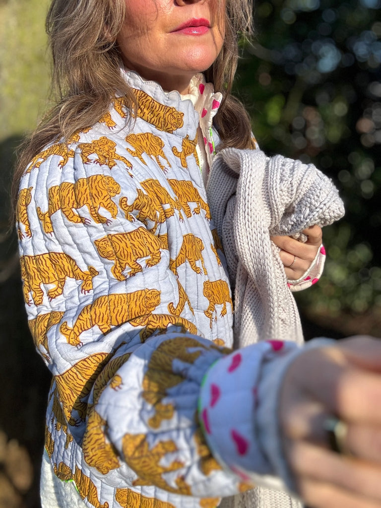 Quilted Block Print Jacket | Blue Tiger – Bombaby